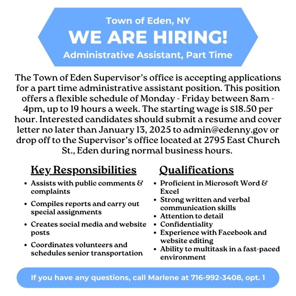 Now Hiring: Part-time Admin | Town of Eden, New York